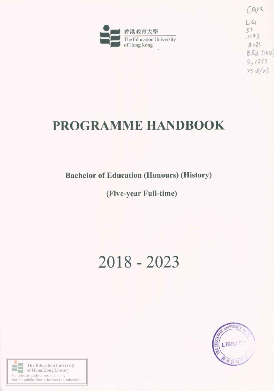 Programme handbook : Bachelor of education (Honours) (History) (five ...